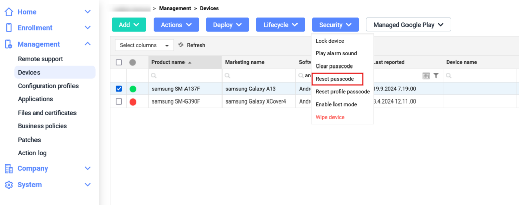 Remotely resetting device passcode | Miradore