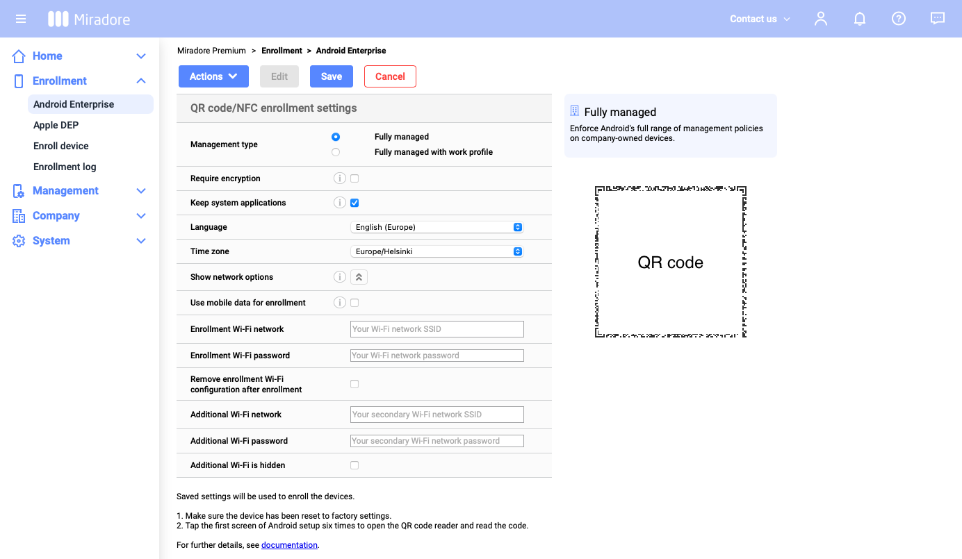 Enroll an Android device in fully managed device mode using a QR code ...