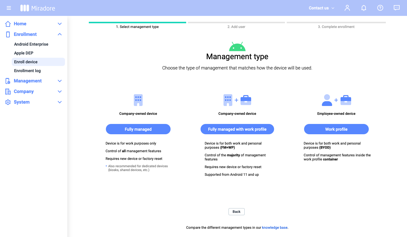 Enroll an Android device in fully managed device mode using a QR code | Miradore