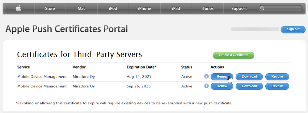 Renew an Apple Push Certificate | Miradore
